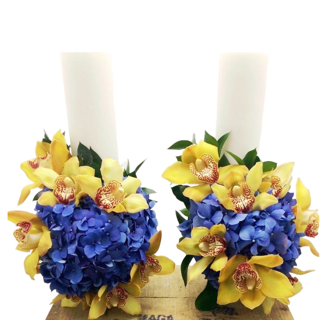 Lumanari nunta scurte hortensie albastra si orhidee cymbidium – Atelier ...